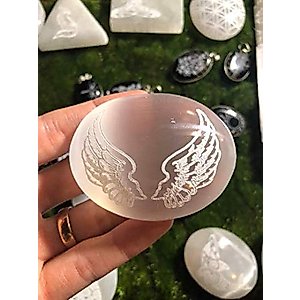 Selenite Palm Stone Laser Engraved with Angel Wings Design 2