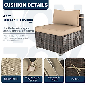 VONZOY Outdoor Patio Furniture Set 7 Pieces Sectional Rattan Sofa Set, PE Rattan Wicker Patio Conversation Set with 6 Seat Cushions and 1 Tempered Glass Table and Furniture Cover, Brown