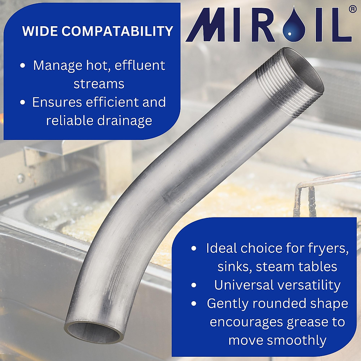 1.25" Oil Fryer Drain Spout, Deep Fryer Curve Out Drain Pipe Fitting, Fryer Drain Extension Pipe, Drain Nipple for Deep Fryers, Oil Fryers, Sinks, 1.25" Screw in x 9.5" Oil Spout by MirOil #90295