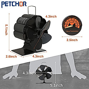 PETCHOR Mini Stove Fan, Wood Stove Fans Non Electric, Fireplace Fan Heat Powered, Stove Top Fan for Fireplace/Wood Stoves/Burner/Wood burning/Pellet Eco Friendly with Thermometer