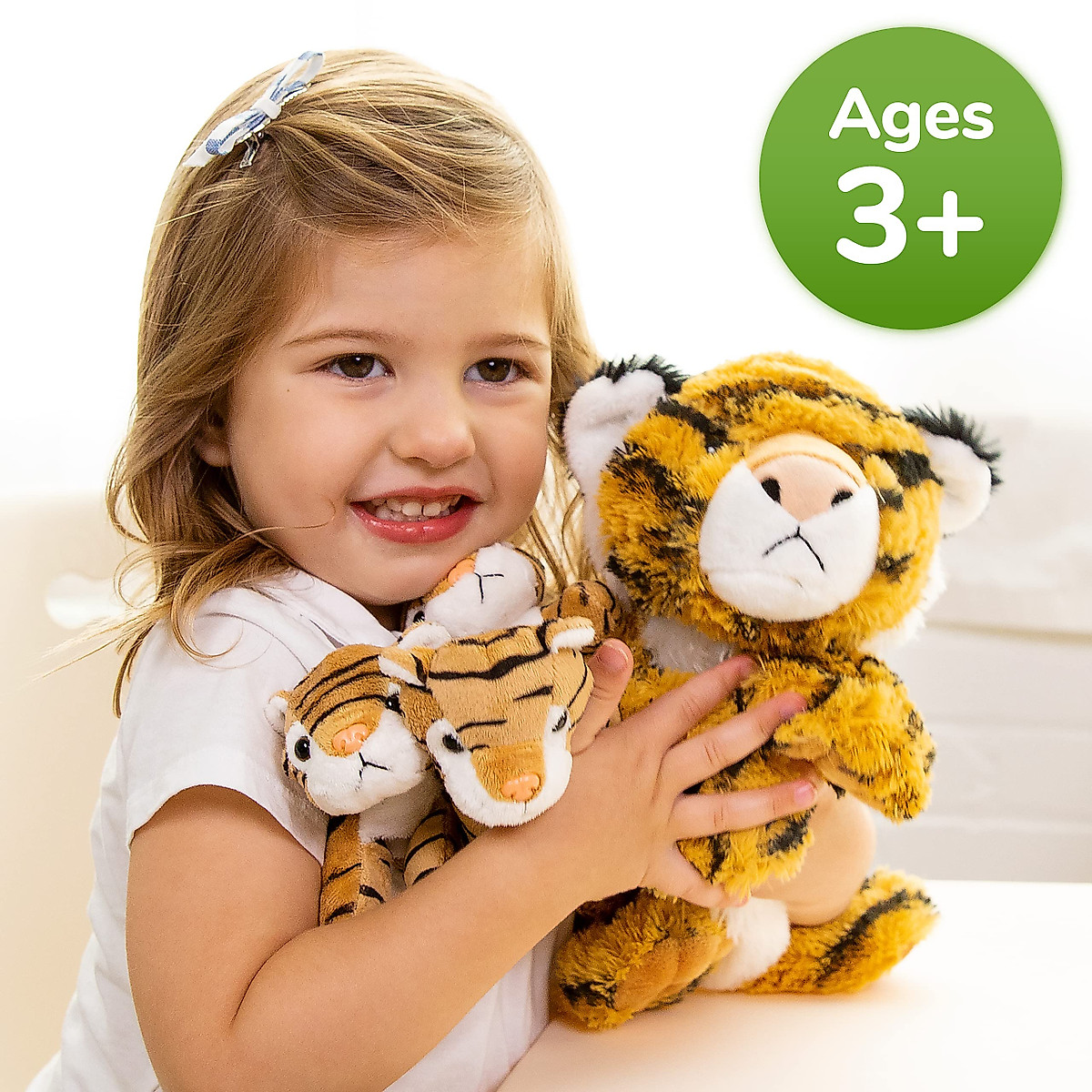 PREXTEX Plush Tiger with Zippered Pouch for Its 3 Little Plush Baby Tigers - Plushlings Collection Soft Stuffed Animal Playset