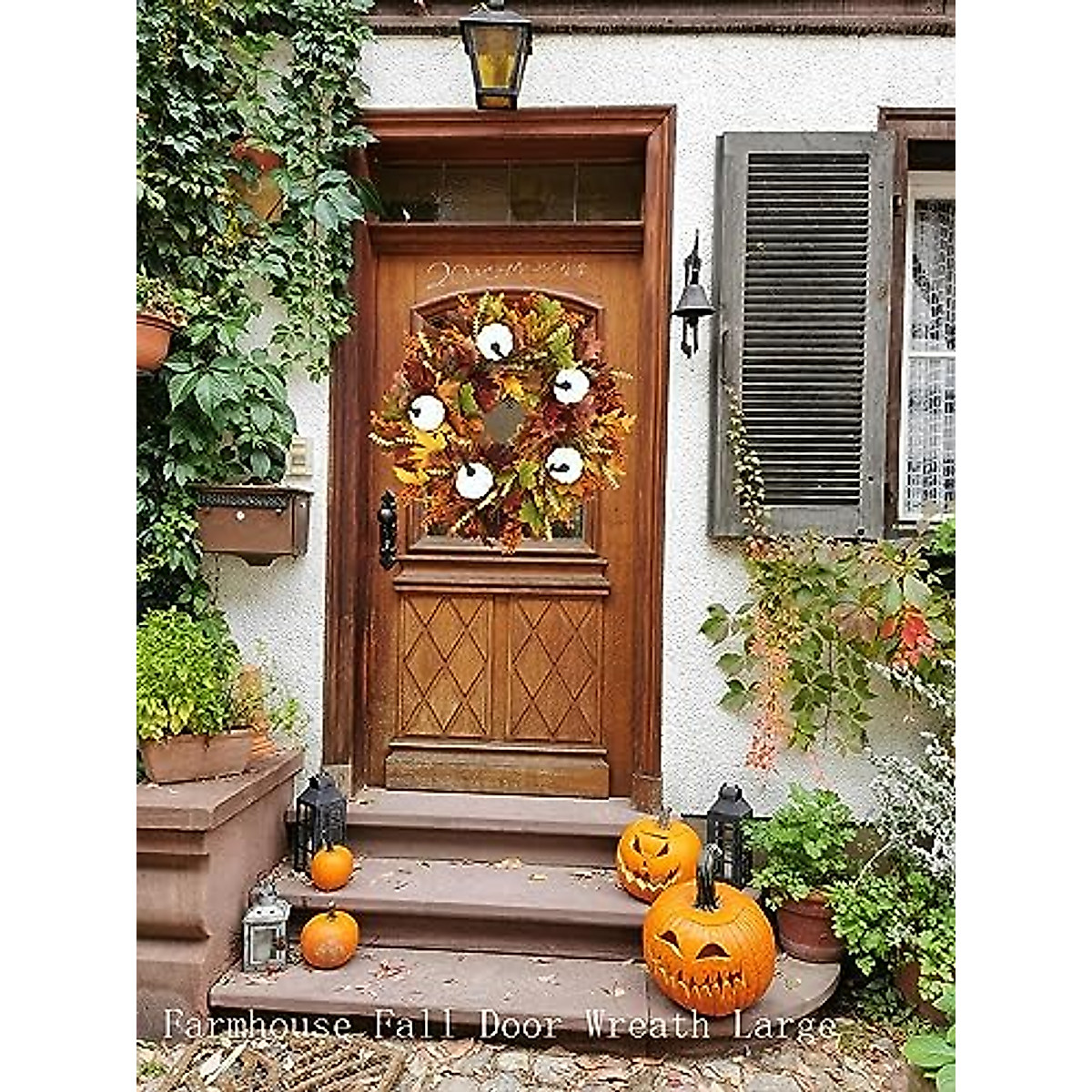 Easy Fine Fall Wreaths for Front Door 24 Inch,Farmhouse Fall Door Wreath Large,Halloween Wreath,Thanksgiving Decorations,Autumn Wreath,Fall Decor with Fall Leaves White Pumpkins Outdoor Outside