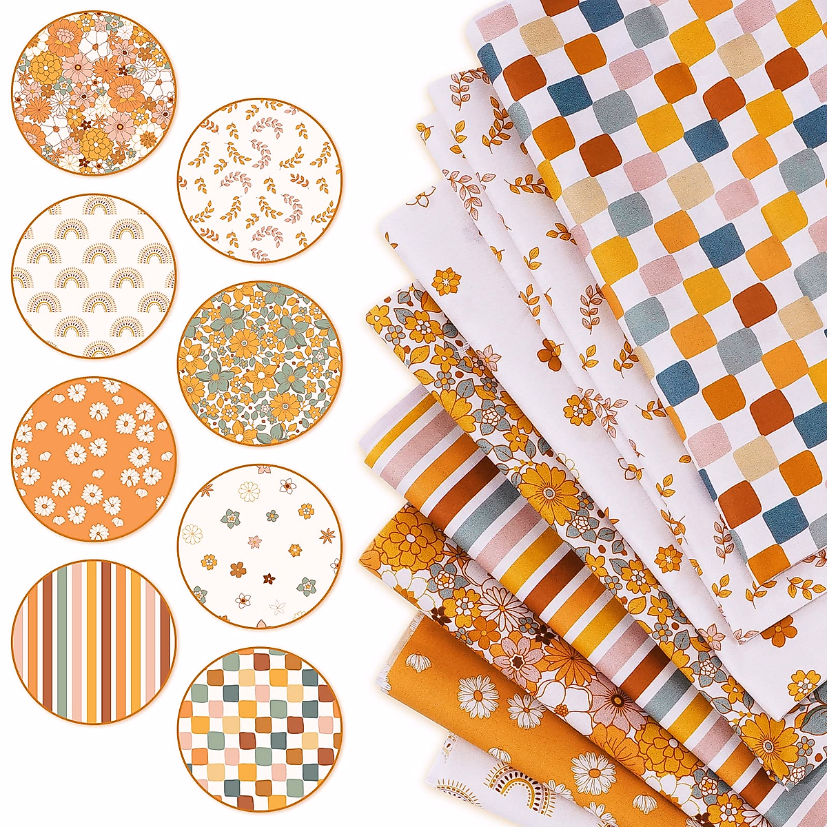 Whaline 8Pcs Boho Cotton Fabric Bundles 18 x 22 Inch Retro Floral Fat Quarters Boho Quilting Patchwork Squares Sewing Fabrics Boho Dress Apron Crafts for DIY Handmade Crafting Home Party Decor