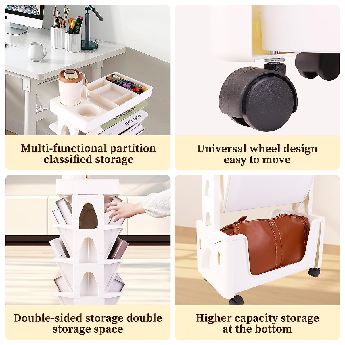 5 Tier Book Rack Storage Bookshelf, Removable Movable Unique Bookcase, Mobile Bookshelf with Wheels Utility Organizer Bookshelves for Kids Children Students Study in Bedroom Living Room School (White)