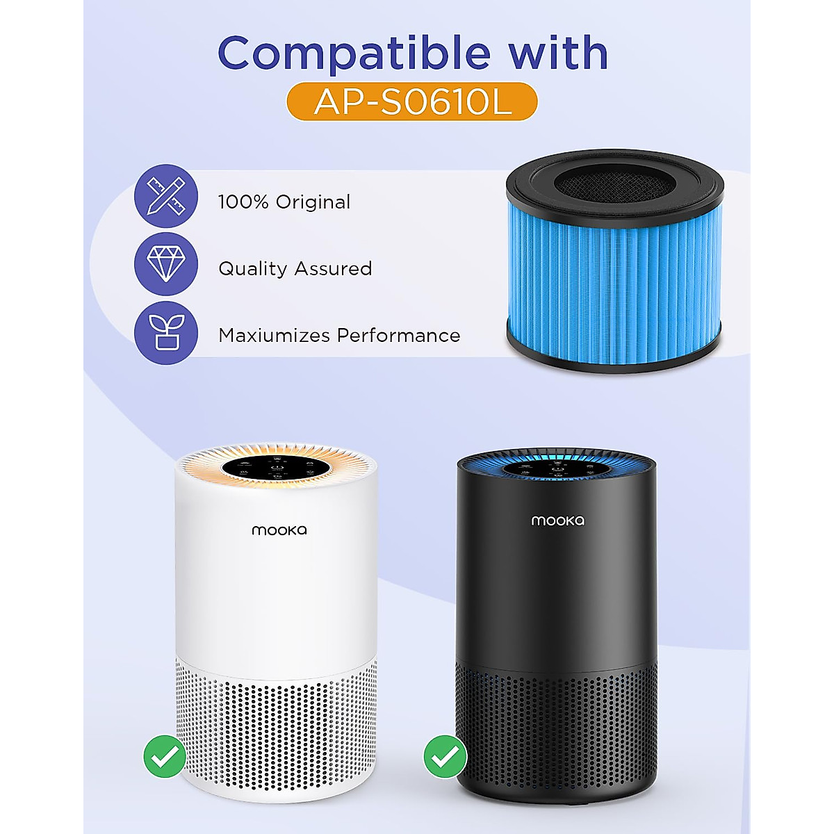 2 Pack MOOKA AP-S0610L Air Purifier Smoke Remover Filter, 3-in-1 True HEPA Filter, High-Efficiency Activated Carbon Air Filter for Smoke, Odor, Dander, Pollen