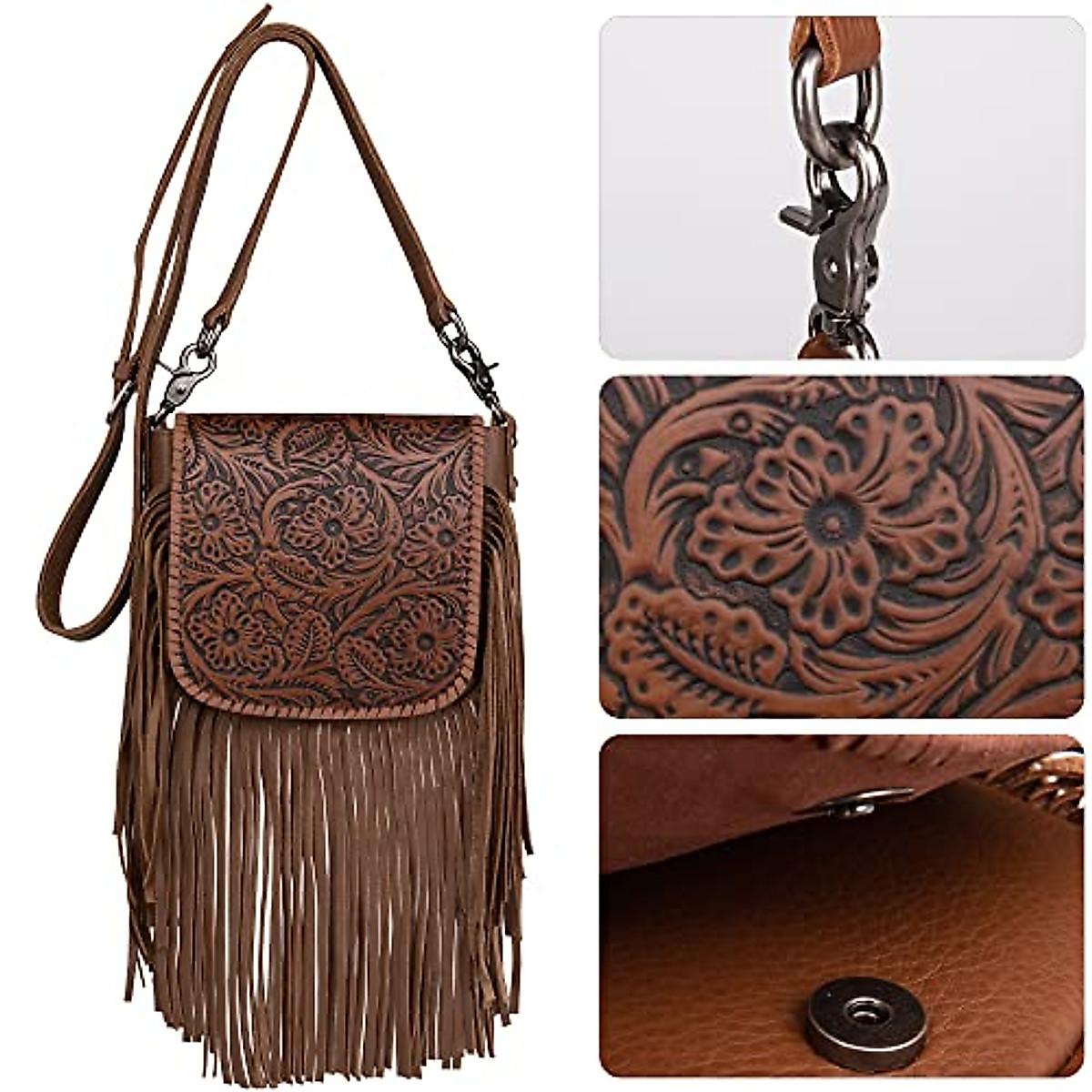 Women's Crossbody Handbags Western Purses for Women Small Crossbody Bags Tooled Leather Fringe Purse Brown RLC-L159BR