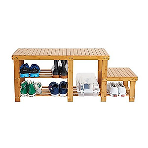 LUCKYERMORE 2 Tier Bamboo Shoe Rack Bench Entryway for 7 Pairs of Shoes and 1 Pair of Boot, Functional Rack Shelf as Plant Stand, Tower Rack, Storage Bench for Bathroom Mudroom Closet