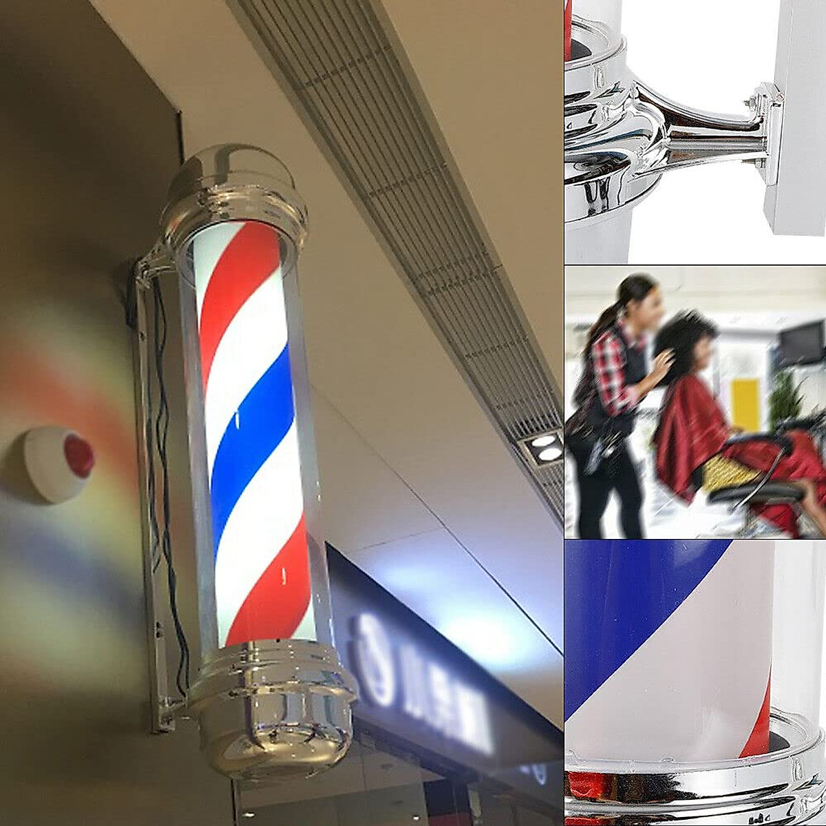 HuaShuani Hair Salon Barbershop LED Neon Sign Lights Open Rotating Signs, Barber Red White and Blue Light Poles Glow LED Global Lights 28 Inches, Sign Wall Mounted Waterproof Energy Saving