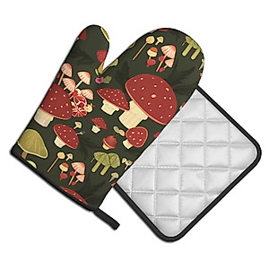 Vintage Mushroom Oven Mitts and Pot Holders Sets of 2, Non-Slip Cooking Hot Pads Washable Heat Resistant for Kitchen Microwave BBQ Baking Grilling