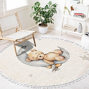 Round Boho Area Rug Watercolor Brown Bear boy Sleeping Moon Airplane Carpet with Tassels Meditation Rug Washable Hallway Floor Mat Runner Rugs for Bedroom Bathroom Playroom Nursery Decor 4 ft