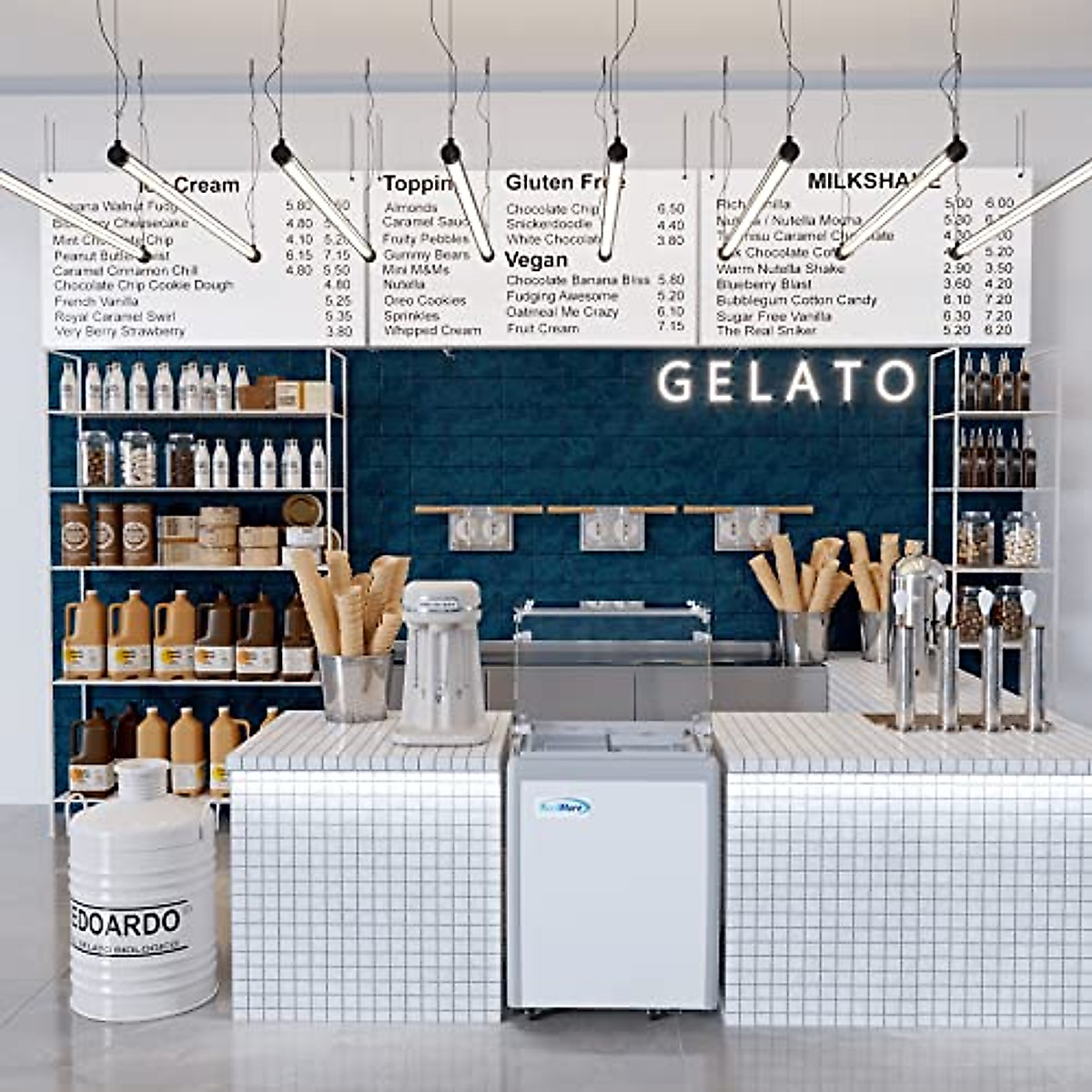 Koolmore 26 inch Commercial Ice Cream Dipping Cabinet Display Case with Sneeze Guard, 4 Large Displayed Tubs, Sliding Glass Door, [5.7 Cu. Ft.] (KM-26FG)