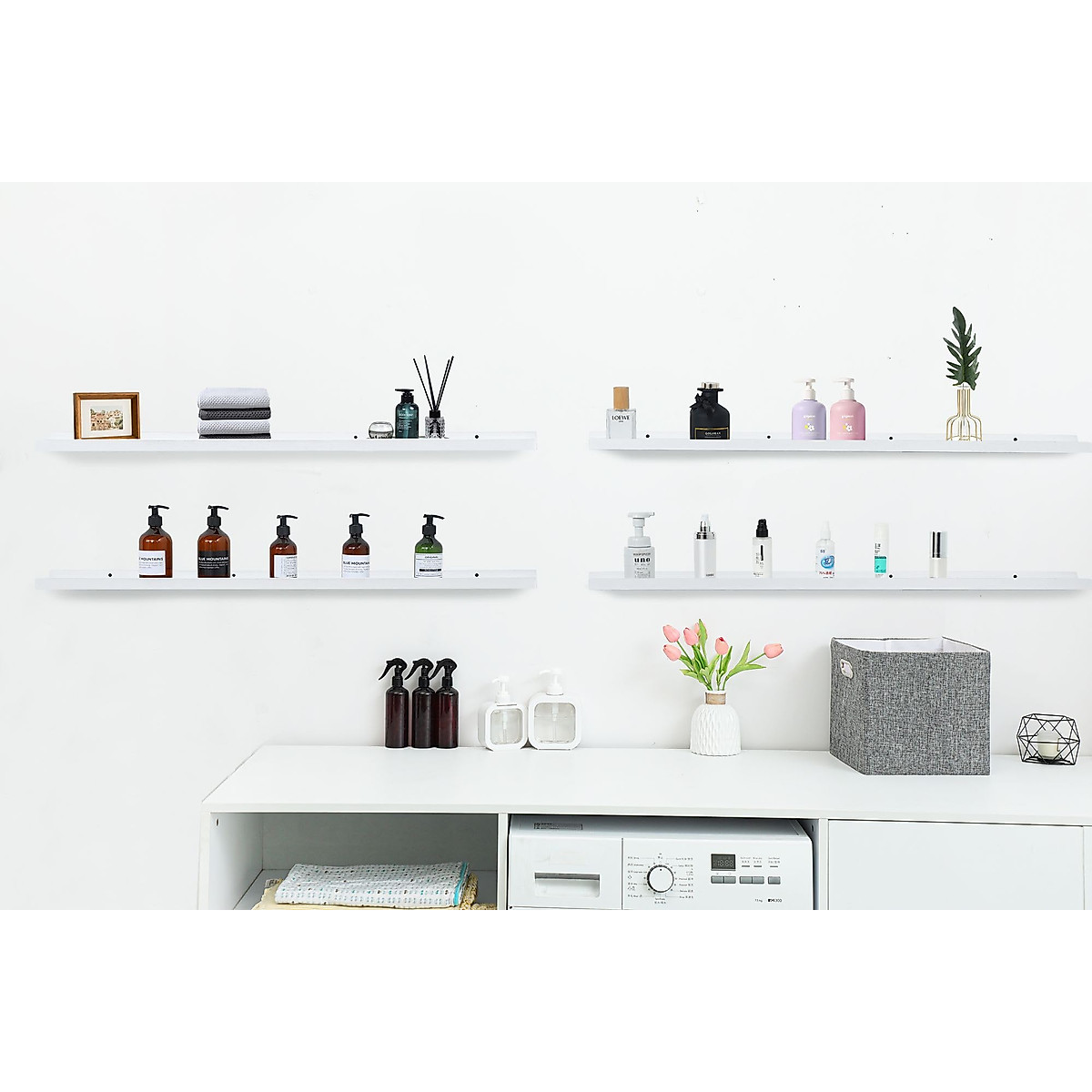 PHOENANCEE Long Floating Shelves for Wall 57 Inch,Real Wood Picture Ledge with Lip Set of 4,Photo Frame Storage Display for Living Room Nursery Bedroom Bathroom Kitchen Home Office Decor Rustic Black