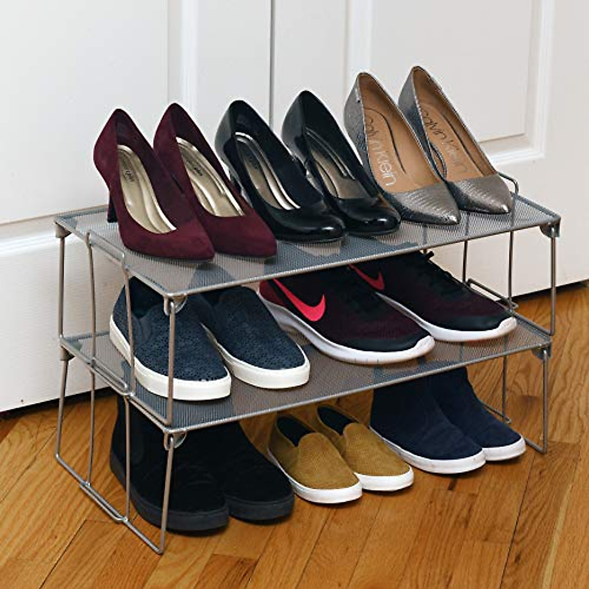 YBM HOME Stackable Shelf Storage Rack for Kitchen, Bathroom, and Office, Silver Mesh Wire Stainless Steel Organizer with Interlocking Legs, Foldable Design to Put Away (Large)