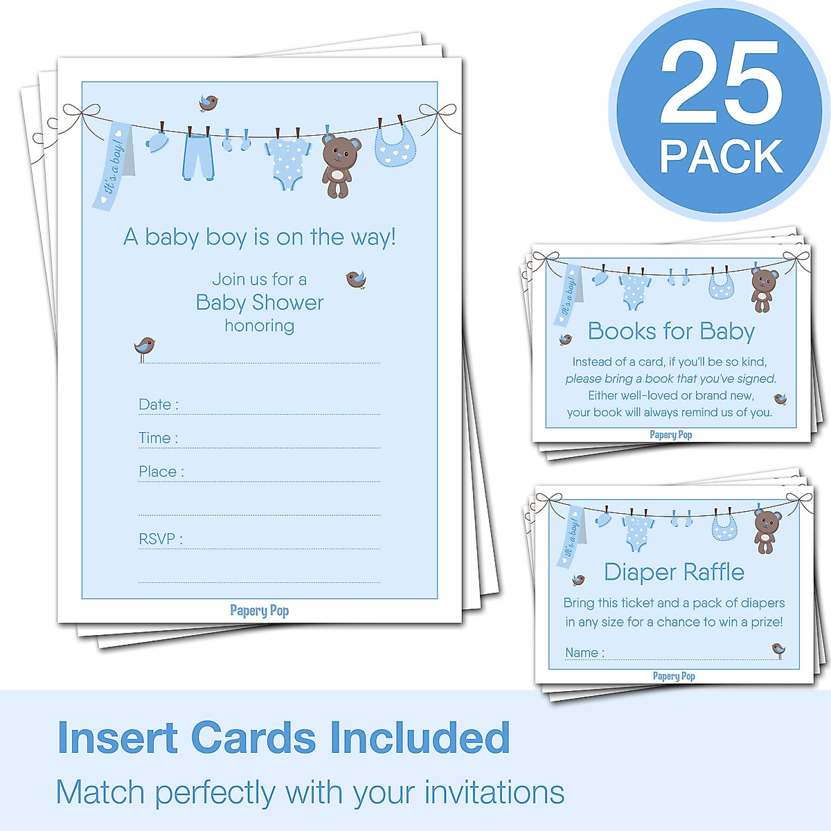 Set of 25 Baby Shower Invitations for Boy with Envelopes, Diaper Raffle Tickets and Baby Shower Book Request Cards