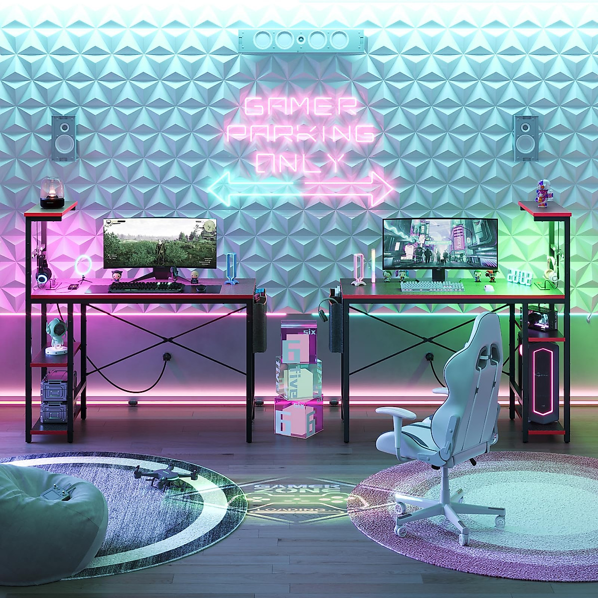 Bestier Gaming Desk with Power Outlets, 44 Inch Led Gamer Desk with 4 Tiers Reversible Shelves, PC Gaming Table with Headset Hook & Side Storage Bag for Bedroom (Black 3D Carbon Fiber)