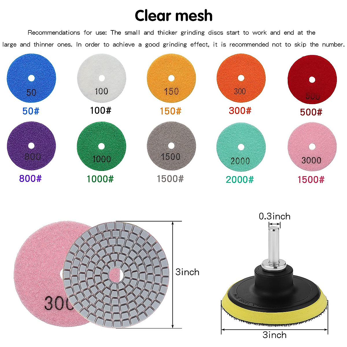 OCR Diamond Polishing Pads 3 inch Wet/Dry Polishing Kit 10pcs 50#-3000# Grit Pads Plus a Backer Pad for Granite Concrete Marble Polishing