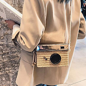 TENDYCOCO Crossbody Bag Camera Shaped Straw Woven Bag Mini Shoulder Bag for Women (Khaki)