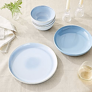 Corelle Stoneware 12-Pc Dinnerware Set, Handcrafted Artisanal Double Bead Plates and Bowls, Solid and Reactive Glazes, Dining Plate Set, Nordic Blue