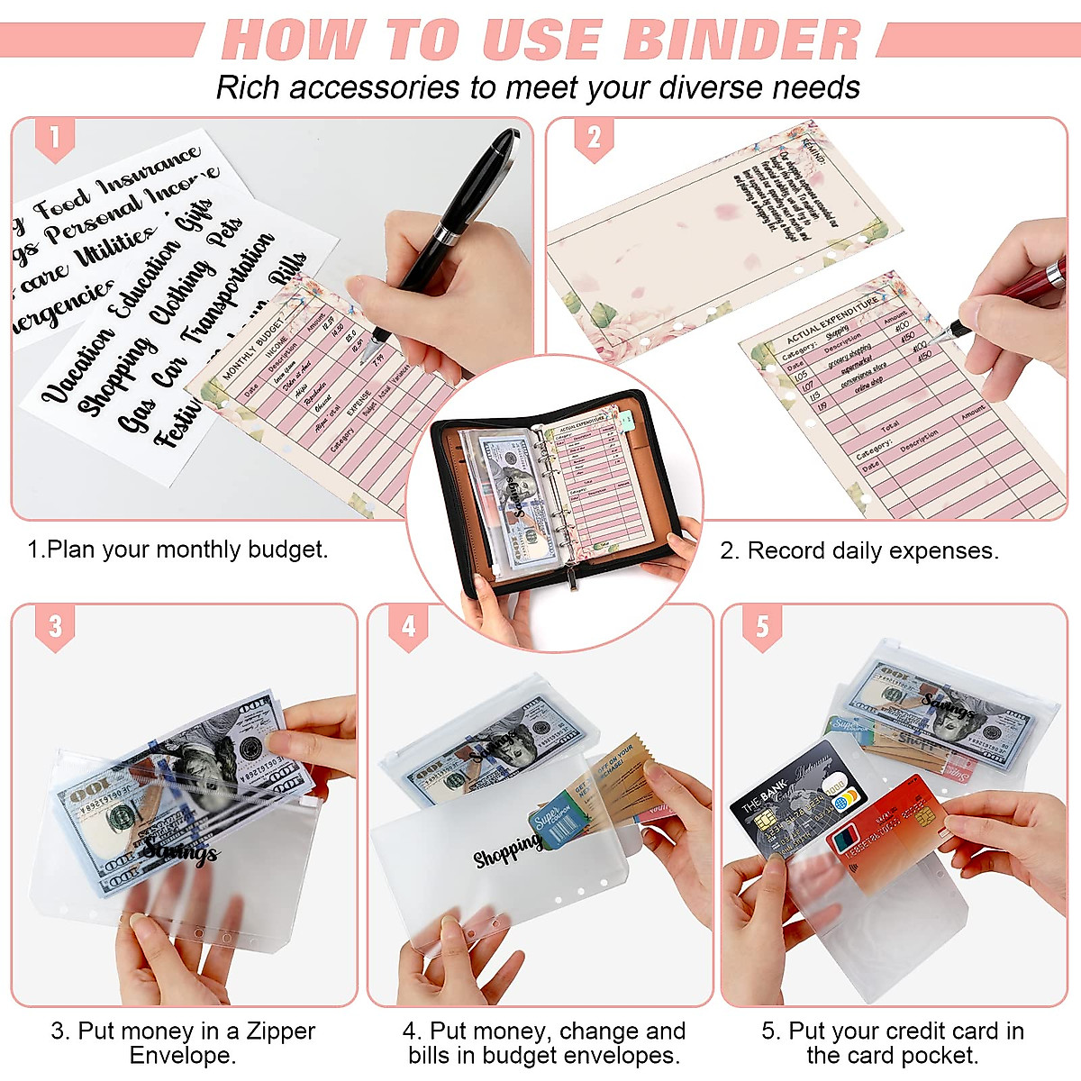 Budget Binder with Zipper Envelopes, Cash Envelopes for Budgeting with Planner A6 Binder & Calculator, Money Organizer for Cash and Card & Sticker Labels for Office School Home Shopping (Pink)
