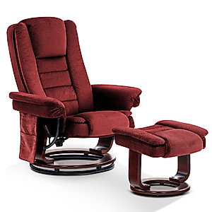 MCombo Recliner Chair with Ottoman, Fabric Accent Chair with Vibration Massage, Swivel Chair with Wood Base, for Living Reading Room Bedroom, 9099 (Burgundy)
