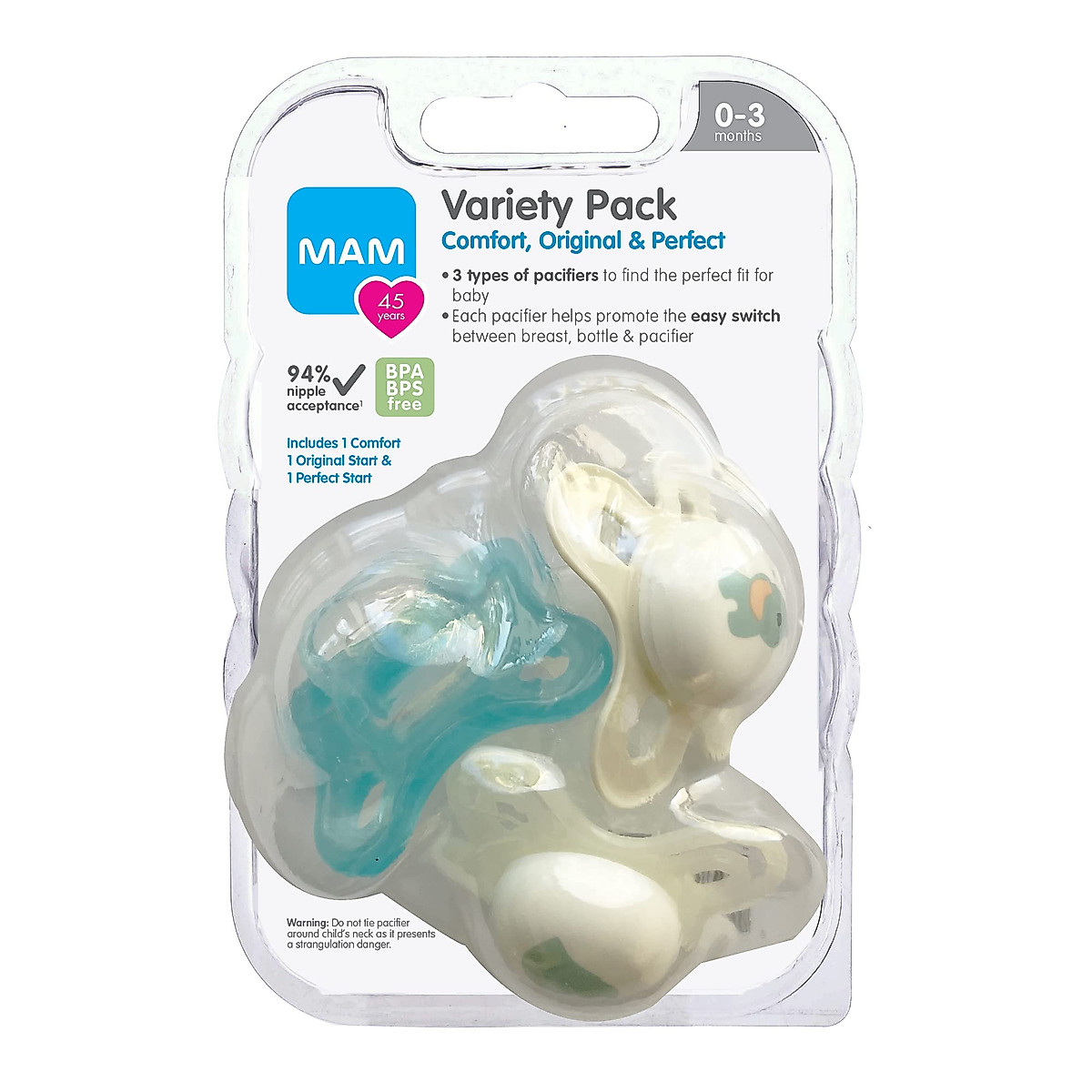MAM Pacifier Newborn Variety Pack (1 Comfort, 1 Perfect Start, 1 Newborn Original Start) Best Pacifier for Breastfed Babies, 0-3 Months, Unisex, 3-Pack