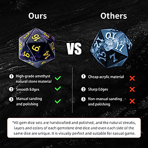 TAMYUN 7 Pieces DND Dice Set Amethyst Natural Gemstone Dice D4 D6 D8 D10 D00 D12 D20 and Dice Bag RPG Polyhedral Dungeons and Dragons Dice Toys