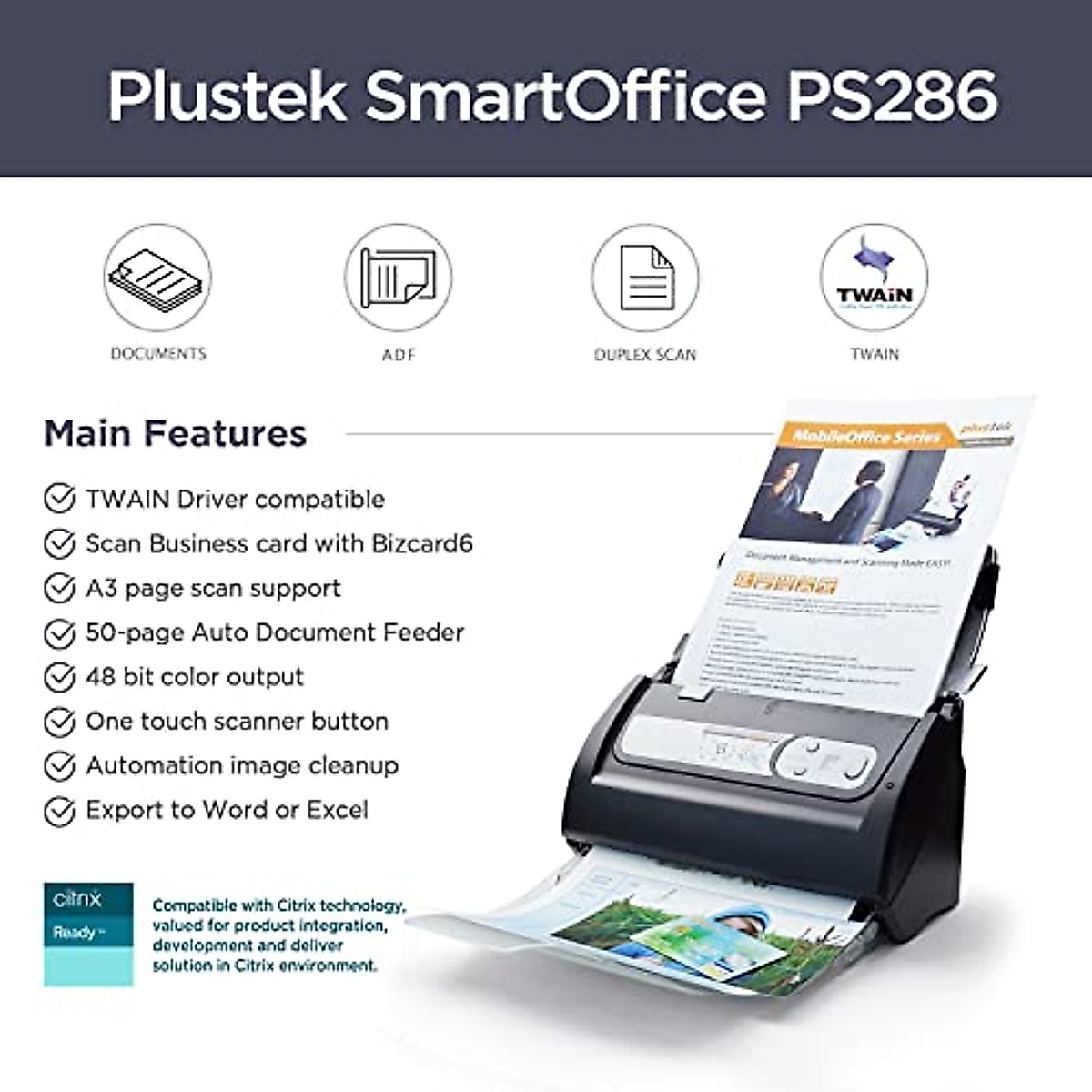 Plustek SmartOffice PS286 Plus Document Scanner for PC and Mac, Twain Support and Citrix Ready