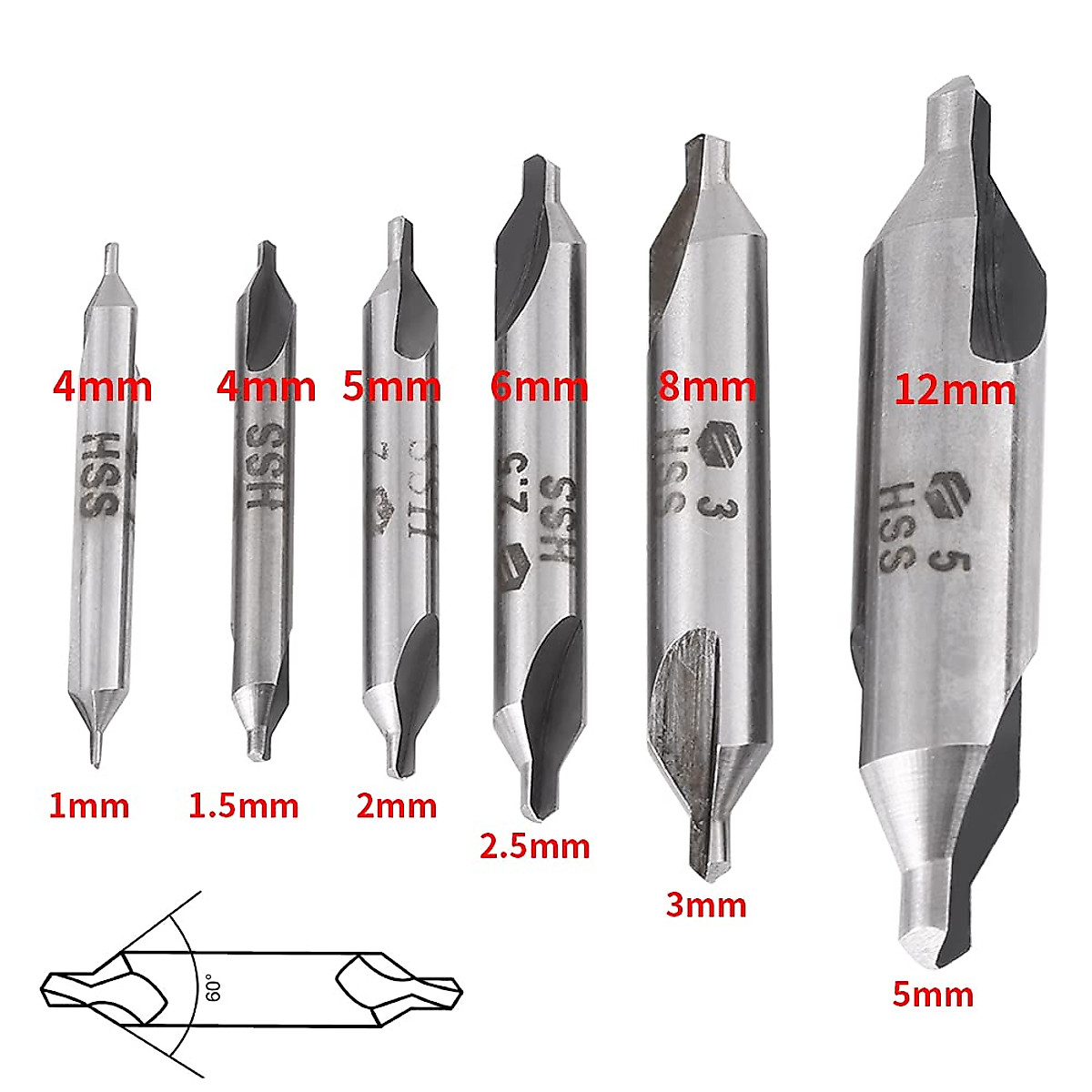 Center Drill Set, 6pcs 1/1.5/2/2.5/3/5mm 60 Degree High Speed Steel Centering Drill Bit Set, Countersink Lathe Center Drill Bits
