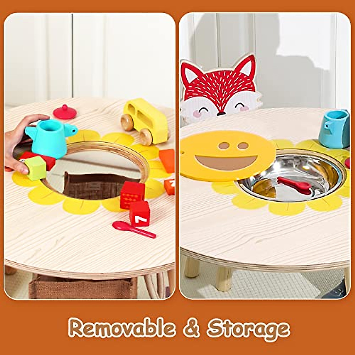 Xylolin Wooden Kids Table and Chairs Set, 4 Pieces Play Table with Animal Themed Chairs for Toddlers Drawing Reading Arts Crafts Snack Time, Boys Girls Playroom School Home Daycare