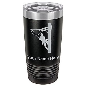 LaserGram 20oz Vacuum Insulated Tumbler Mug, Lineman, Personalized Engraving Included (Black)