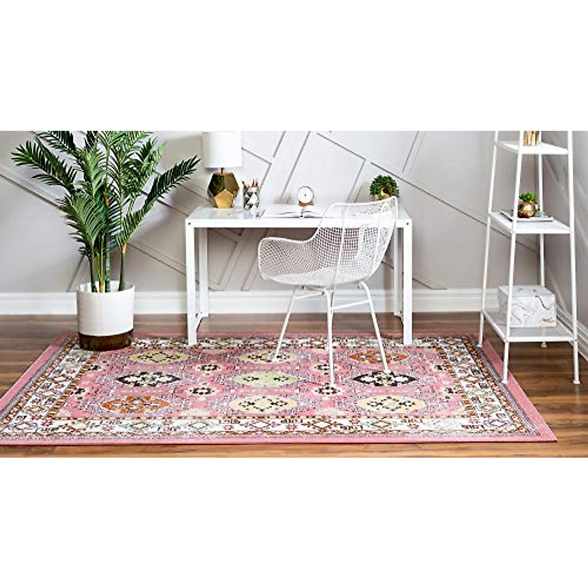 Unique Loom Aarhus Collection Geometric Border Rug_AAR004, 6 x 9 Feet, Rose/Ivory