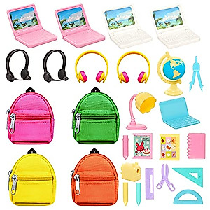 Joyfun 31 Pcs 11.5 inch Doll School Accessories 4 Doll Backpack Bag with Zipper with 4 Computers 7 Pcs Study Accessories 8 Pcs Stationery Sets 4 headsets for 11.5 inch Doll