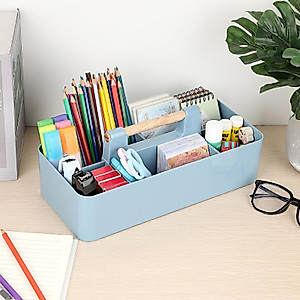 BTSKY Stackable Plastic Portable Storage Organizer Utility Caddy Tote,Divided Craft Storage Organizer Basket Bin with Wooden Handle for Craft, Sewing, Art Supplies, Office Supplies, Blue