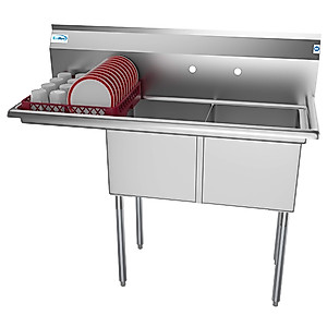 KoolMore 2 Compartment Stainless Steel NSF Commercial Kitchen Prep & Utility Sink with 2 Drainboards - Bowl Size 15" x 15" x 12", Silver, Left Drainboard