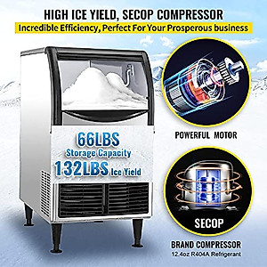 VEVOR Commercial Flake Ice Machine, 132LBS/24H Snow Flake Ice Maker with 66LBS Storage for Seafood Restaurant, Stainless Steel Construction, Quiet Operation, Auto Clean, Air Cooling