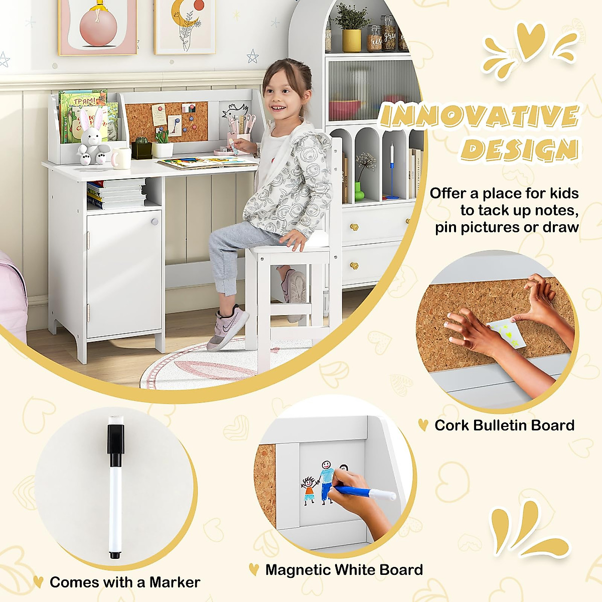 Costzon Kids Desk and Chair Set, Wooden Children Study Table with Storage, Hutch, Cork Bulletin Board, Whiteboard & Marker, Student Computer Workstation Writing Desk for Kids Bedroom, School, White