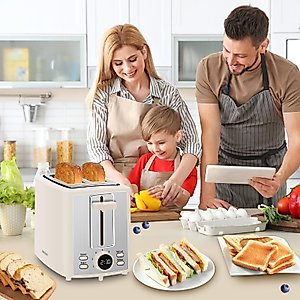 SEEDEEM Toaster 2 Slice, Bread Toaster with LCD Display, 7 Shade Settings, 1.４'' Extra Wide Slots Toaster with Cancel, Bagel, Defrost, Reheat Functions, Removable Crumb Tray, 900W, Cream White