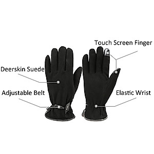 OZERO Winter Gloves for Women Touch Screen Deerskin Suede Leather Thermal Silky Velour Lining Cold Proof Hands Warm Gifts (Black,Medium)