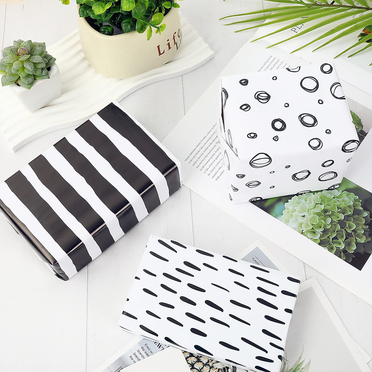 AnyDesign 12 Sheet Black White Wrapping Paper Minimalist Gift Wrap Paper Bulk Geometric Stripes Dots Art Craft Paper for Birthday Graduation DIY Crafts Gift Packing, Folded Flat, 19.7 x 27.6 Inch