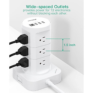Surge Protector Power Strip Tower - 12 Widely Outlets with 4 USB Ports (1 USB C), 6FT Heavy Duty Extension Cord, Flat Multi Plug Outlet Extender Overload Protection for Home Office