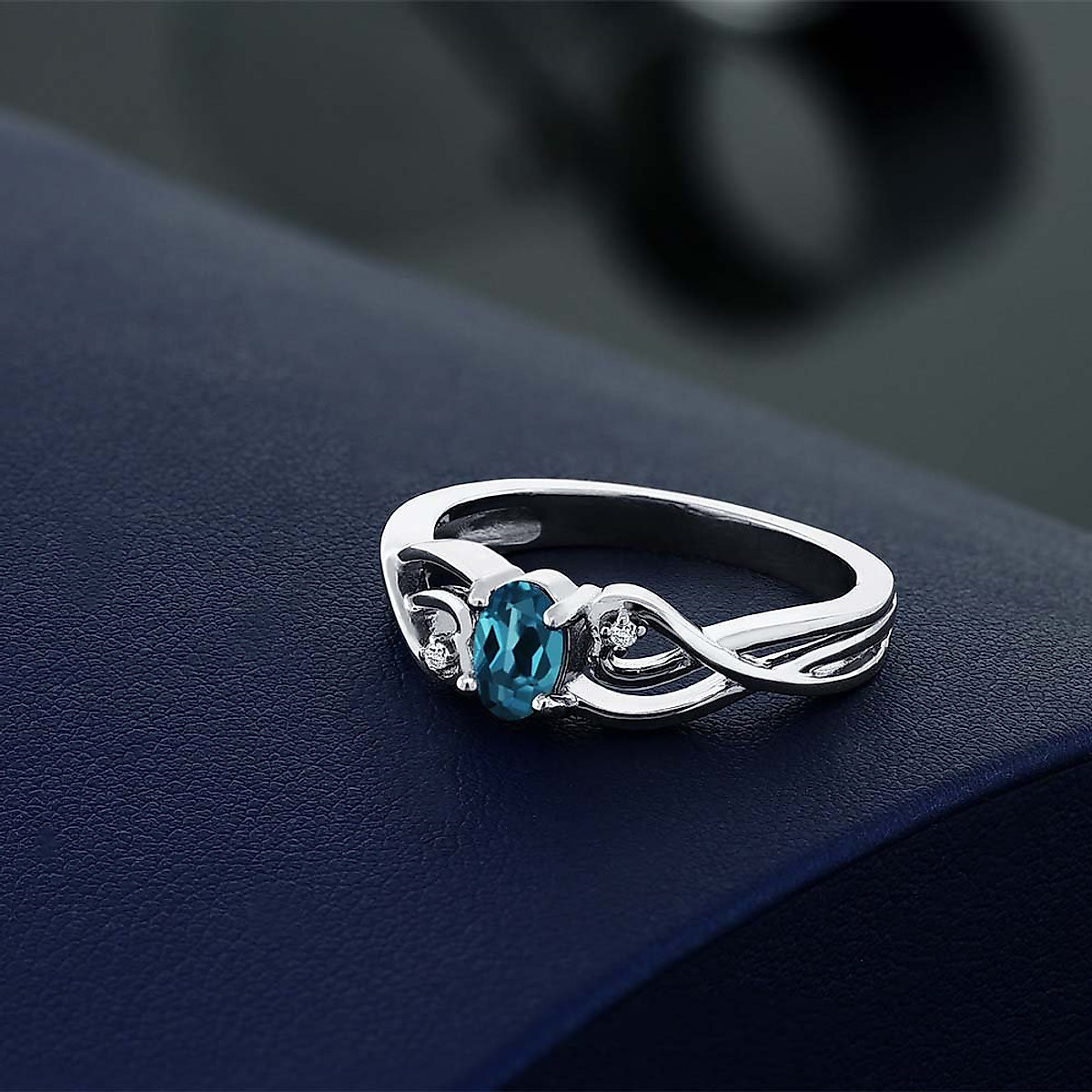 Gem Stone King 925 Sterling Silver London Blue Topaz and White Lab Grown Diamond Ring For Women (0.51 Ct Oval, Gemstone Birthstone, Available in size 5, 6, 7, 8, 9)