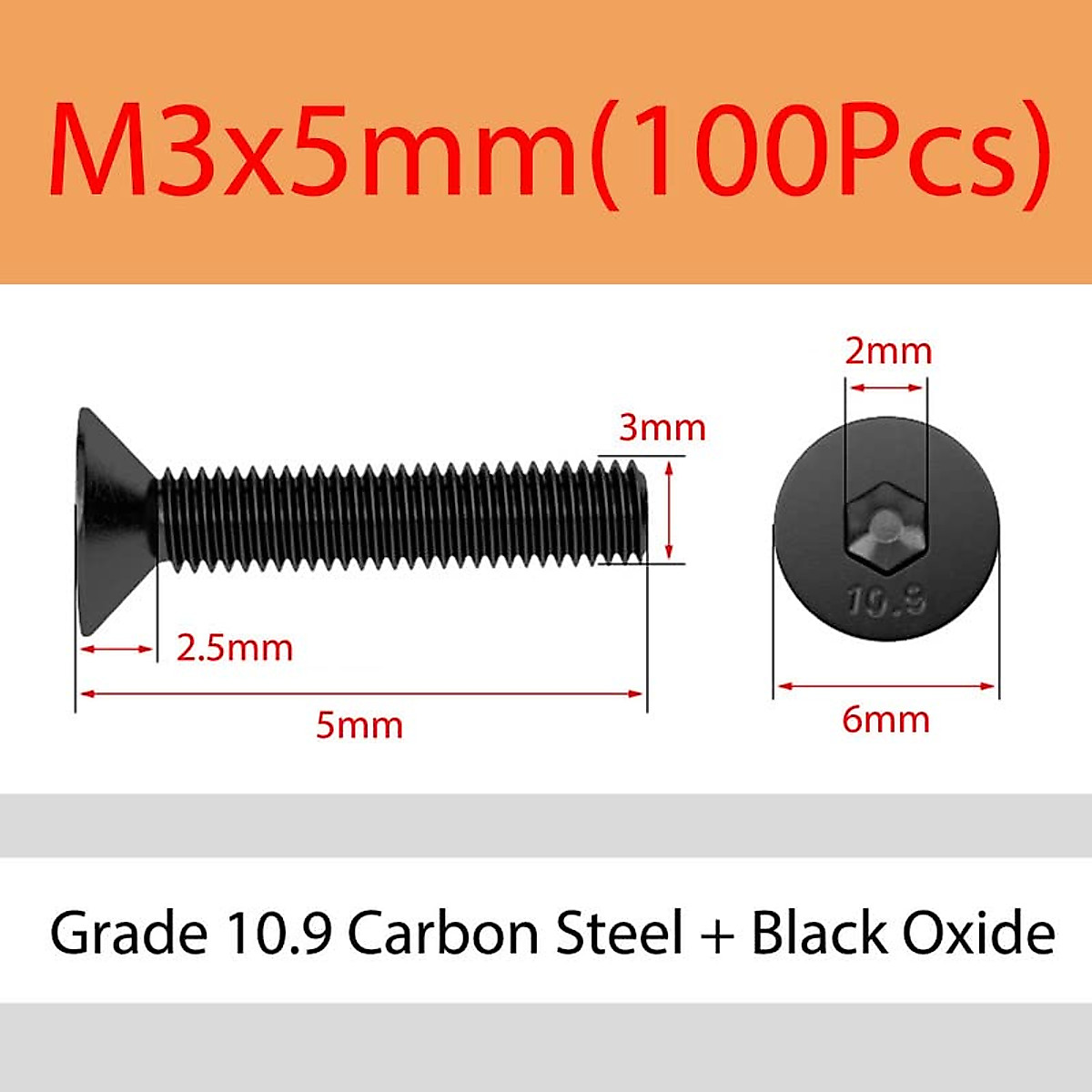 MOOPW Countersunk Bolts - Grade 10.9 Carbon Steel Hex Socket Cap Screw Flat Head Allen Bolts Machine Screws Fasteners M3 M4 M5 M6