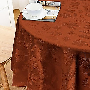 Hexagram Fall Tablecloth Round, Thanksgiving Tablecloth 70 Round inch, Jacquard Rust Maple and Fall Leaves Fabric Kitchen Table Decorations for Home