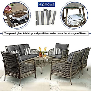 FYRICKYLINOO 7 Pieces Outdoor Wicker Patio Furniture Rattan Conversation Chairs Bistro Sets with 4 PCS Pillows, All Weather Modern Chairs Loveseat Sofa with 2 PCS Coffee Tables for Garden, Gray