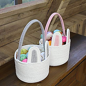 Sea Team Easter Bunny Basket for Eggs Hunt, Easter Eggs Bucket, Small Woven Cotton Rope Tote Bag with Rabbit Ears & Fluffy Tail for Kids, Easter Days Decoration, Party, Holidays, Gray