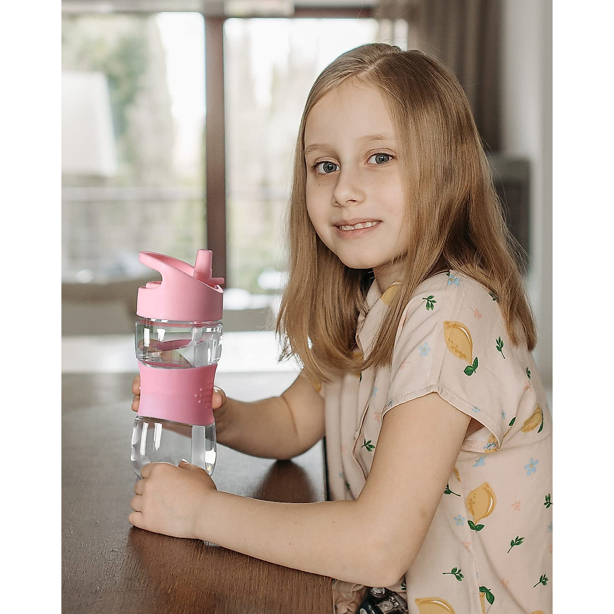 Kids Water Bottle with Straw 12 OZ BPA-Free Tritan Bulk Bottle Pink Little Girls Clear Drinking Bottle for School