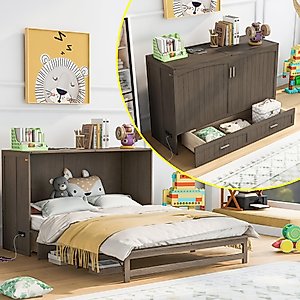 Harper & Bright Designs Murphy Bed Queen Size with Storage Drawer, Solid Pine Murphy Bed Frame with Charging Station, Modern Murphy Bed Cabinet for Guest Room Home Office, Antique Gray