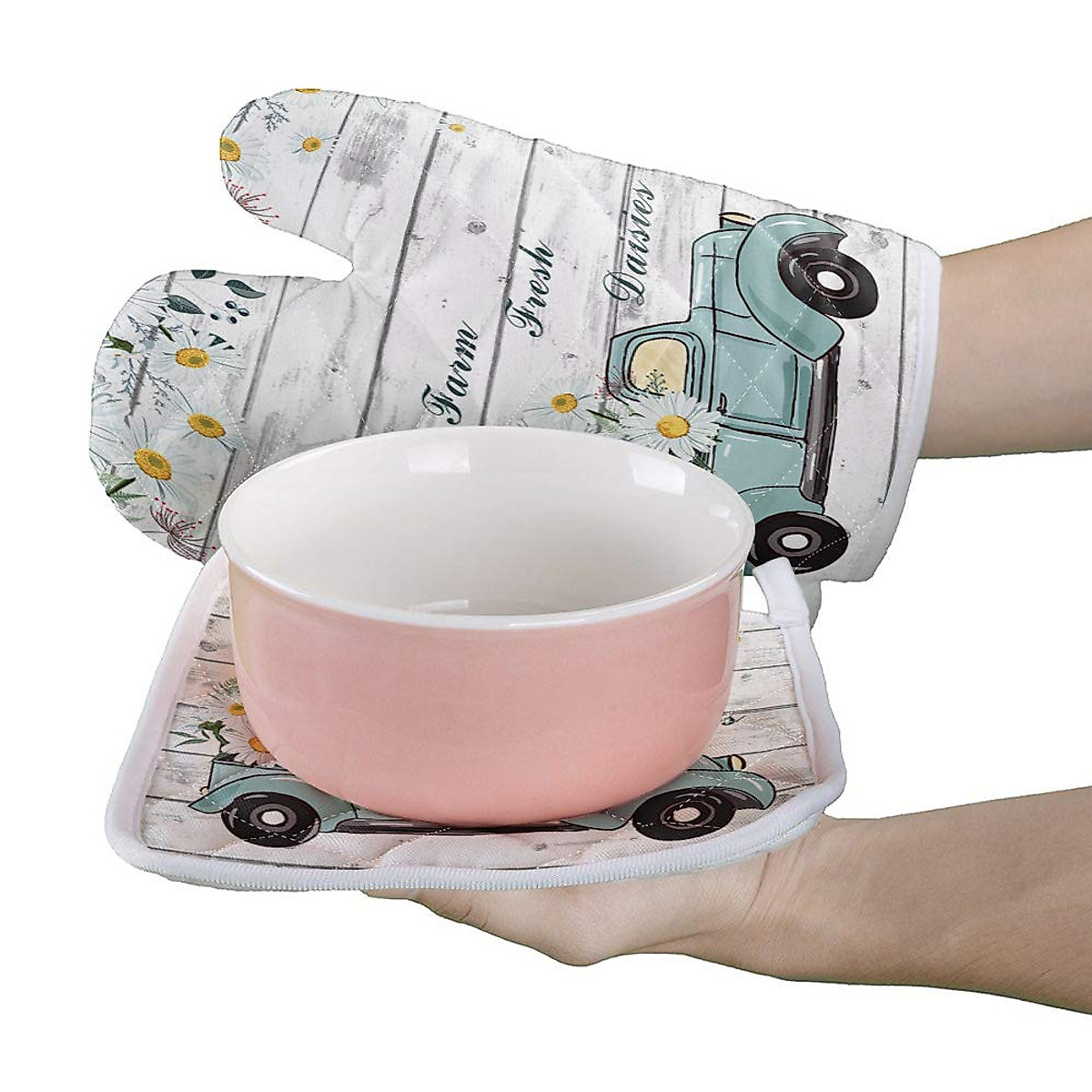 Chic D Kitchen Oven Mitts Gloves and Pot Holders Sets,Truck Farm Fresh Daisies Vintage Heat Resistant Oven Mittens and Potholders Hot Pads Set Non-Slip for Cooking BBQ Baking Grilling