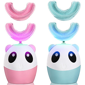 2 Pieces Kids U Shaped Electric Toothbrush, Ultrasonic Automatic Whitening Massage Toothbrush U-Type Cartoon Modeling Toothbrush with 4 Brush Heads for Sensitive Teeth Child 2-7 (Panda Style)