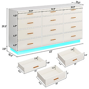 White 12 Drawers Dresser w/Power Outlet,60000-Colors Lights,63In Long Dresser Chest for Bedroom,Wooden Tall Large Capacity Clothing Storage Cabinet for Living Room(White,12 Drawers Dresser)